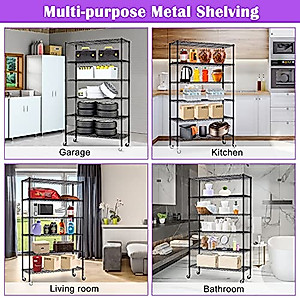 Storage Shelves 6-Tier Wire Shelving Unit Garage Shelving with Wheels 2100LBS Capacity,18" D x 48" W x 78" H Metal Shelves Storage Rack Heavy Duty Shelving for Garage Kitchen Pantry,Black