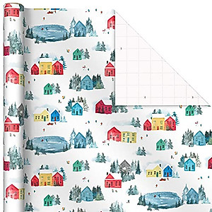 Hallmark Christmas Wrapping Paper with Cut Lines on Reverse (3 Rolls: 120 sq. ft. ttl) Snowy Village, Starry Snowflakes, Birch Trees & Cardinals