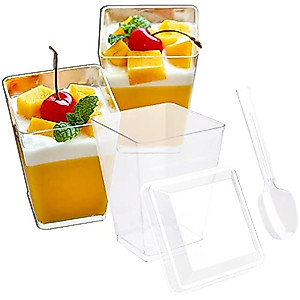 Tosnail 50 Pack 5 Oz Tall Square Clear Plastic Dessert Tumbler Cups with 50 Pieces Plastic Lids and 50 Pieces Plastic Tasting Spoons - Clear