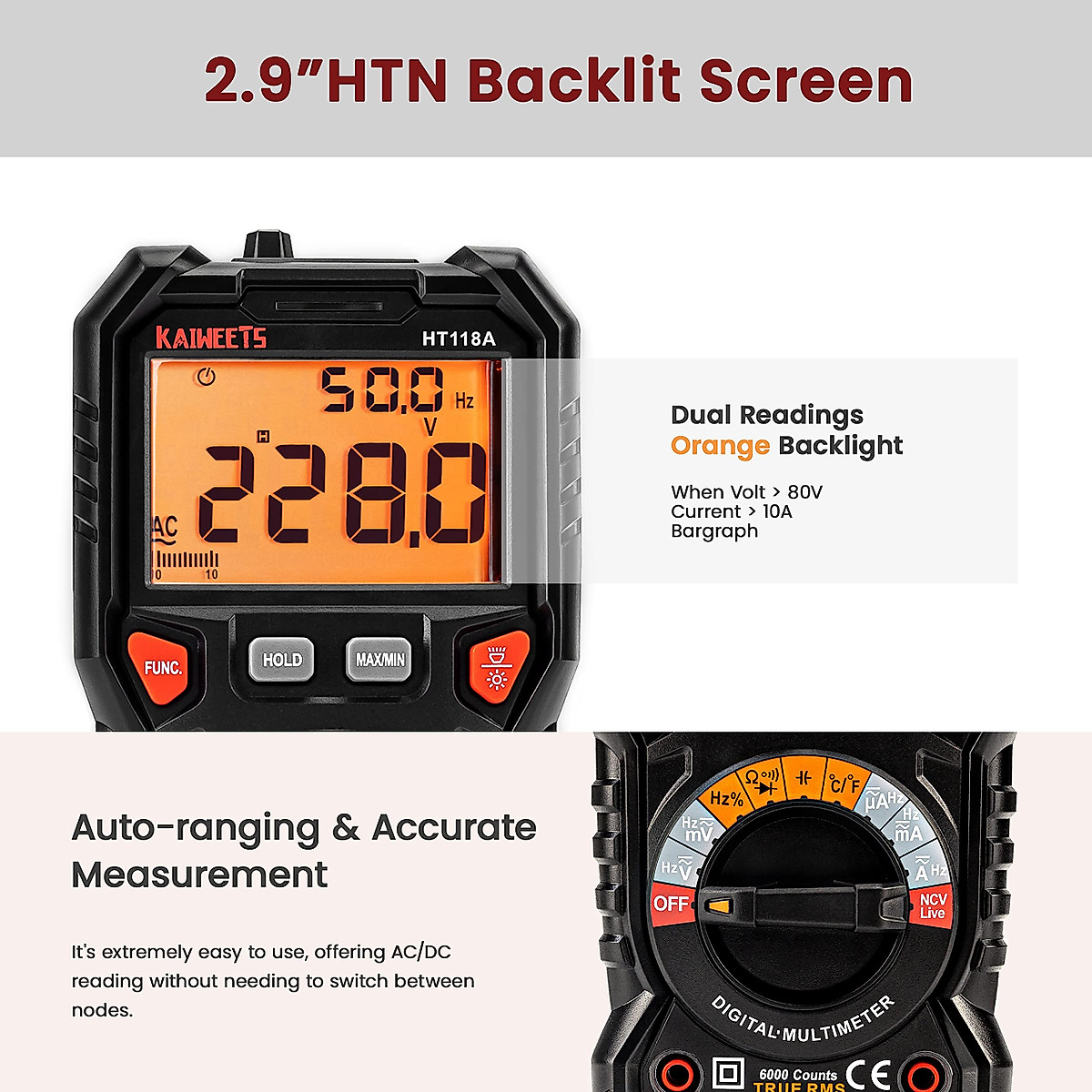 KAIWEETS Digital Multimeter TRMS 6000 Counts Voltmeter Auto-Ranging Fast Accurately Measures Voltage Current Amp Resistance Diodes Continuity Duty-Cycle Capacitance Temperature for Automotive