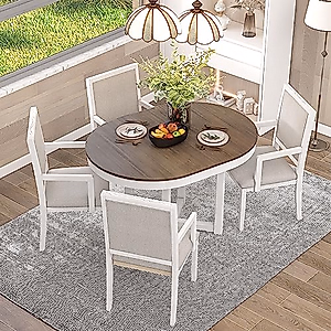 WOZNLA 5-Piece Dining Table Set - Round to Oval Extendable Butterfly Leaf Wood Table with 4 Upholstered Dining Chairs with Armrests - Ideal for Kitchen and Family Gatherings