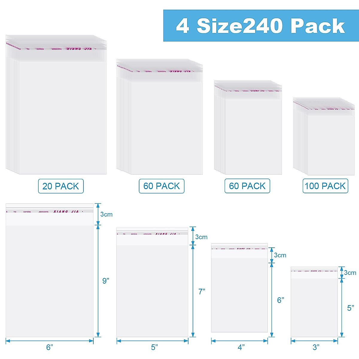 Geyoga 240 Pieces 4 Size Clear Plastic Cello Bag Resealable Self Sealing Cellophane Bag for Candy Cookies Decorative Wrapper (3 x 5 Inch, 4 x 6 Inch, 5 x 7 Inch, 6 x 9 Inch)