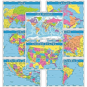Educational Placemats for Kids Set of 8 World Map Placemat Non Slip Washable Eat Table Mat USA, Europe, Asia, Africa, South America, Central America, Canada Maps for Primary School Dining Table