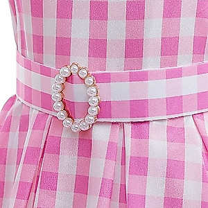 Kids Doll Princess Movie Heroine Costume Dress Girls Halloween Costume Princess Cosplay Pink Plaid Dress with Pearl Buckled Belt Bow Hairpin ZF011S