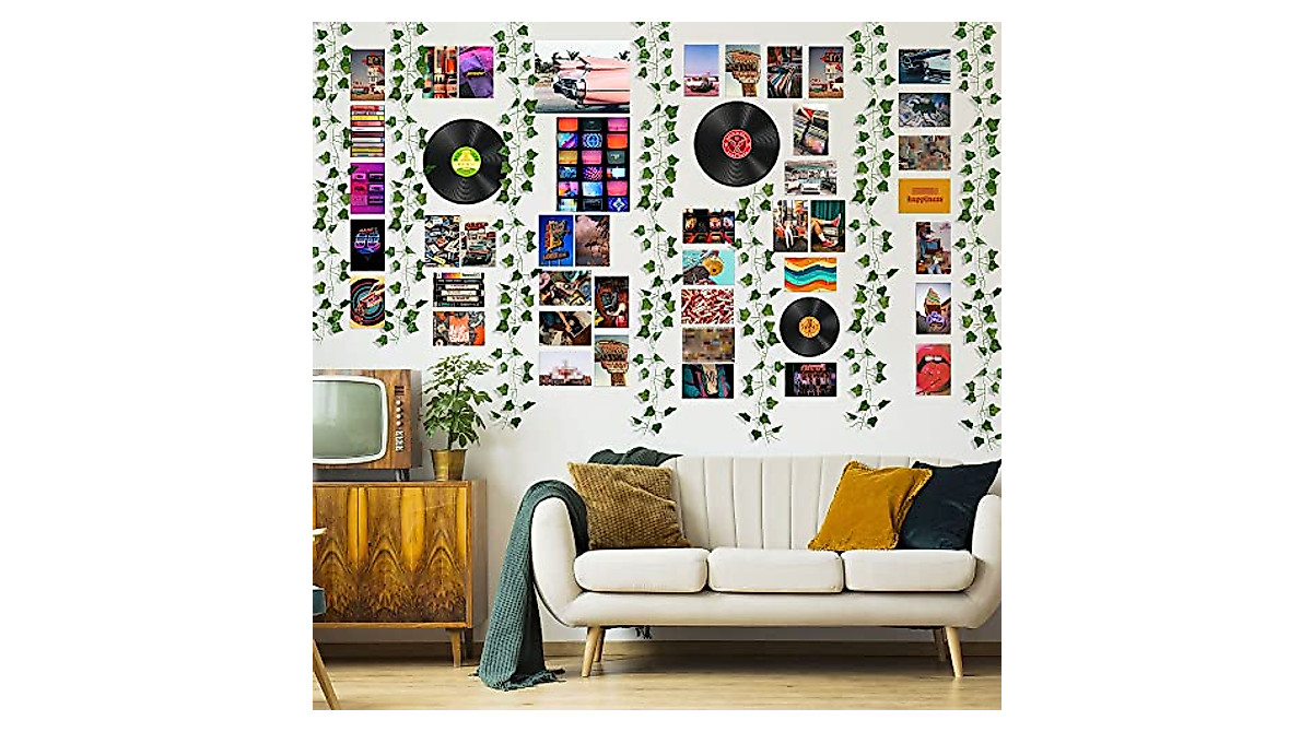Retro Wall Collage Kit with Vines & Records - Perfect for Bedrooms