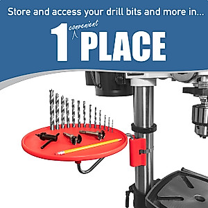 Peachtree Woodworking Supply Drill Press Tool Tray with 11 inch Diameter 360 Degree Rotating Tray • Steel Swing Arm • Mounting Bracket and 4 inch Steel Band Clamp