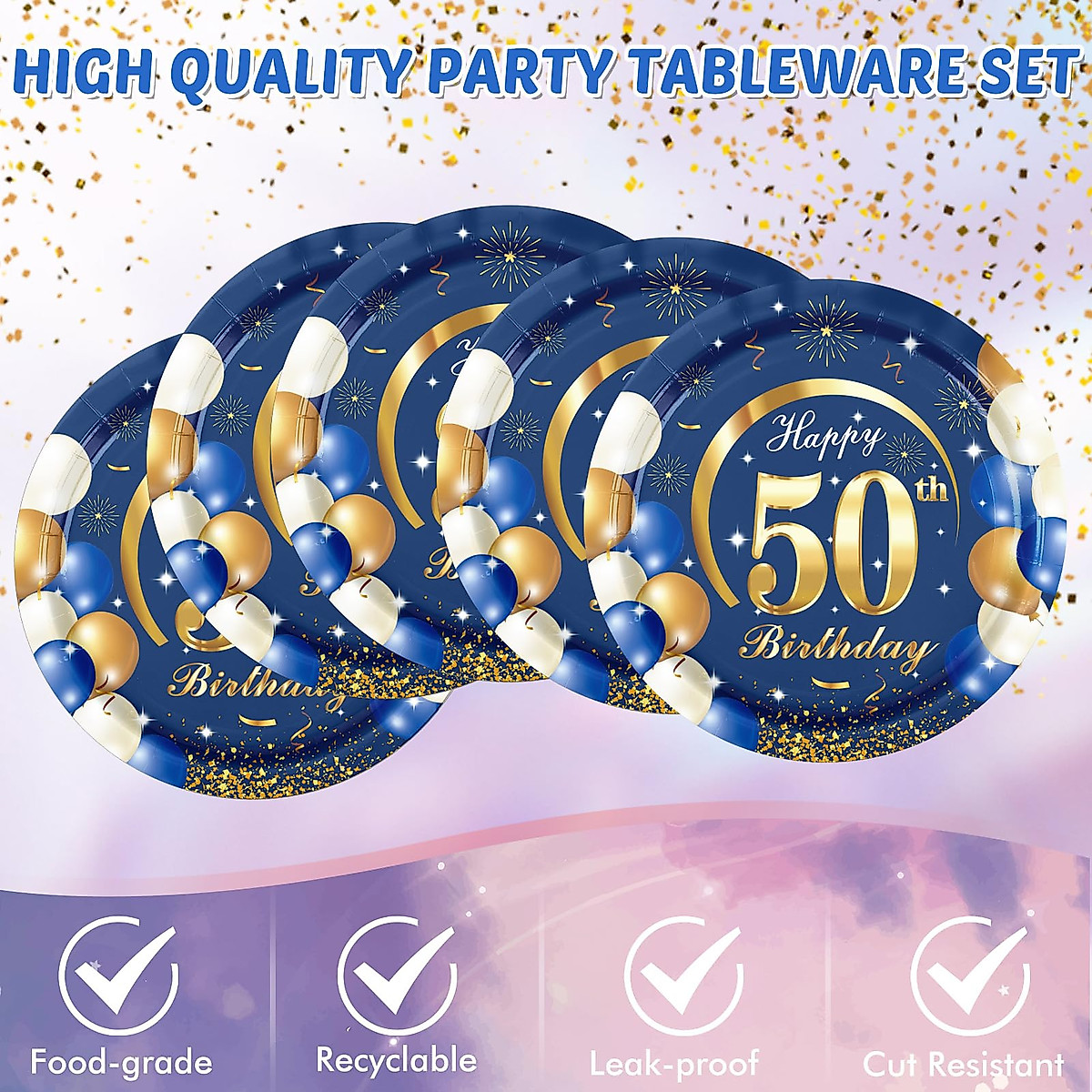 41PCS 50th birthday decorations men Navy Blue and Gold 50th Anniversary Decorations Disposable Tableware Include Plates Napkins Tablecloth Serve 20
