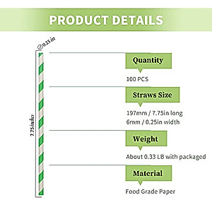 Green White Striped Straws, Disposable Paper Straws Spring Green Biodegradable Paper Drinking Straws 7.75 inch (100 of Box)