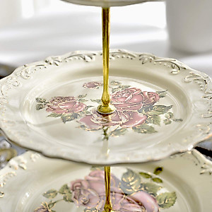 YOLIFE Red Rose Pattern 3 Tiered CupCake Stand, Emboss Golden Leaves Edge Porcelain 3 Tier Pastry Stand Desert Stand