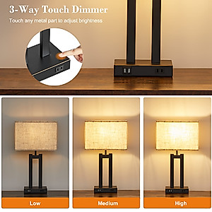 SURAIELEC Table Lamps Set of 2, Touch Control Nightstand Lamp with 2 USB Charging Port & AC Outlet, 3-Way Dimmable Table Lamp for Bedroom, Living Room, Beige Linen Lampshade, LED Bulb Included