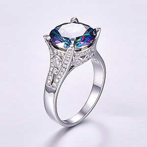 Merthus 12x12mm Round Simulated Mystic Rainbow Topaz 925 Sterling Silver Big Stone Chunky Cocktail Ring for Women Size 7