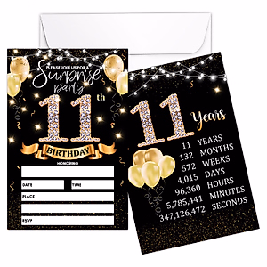 11th Birthday Party Invitation Card - Black Gold Invites with Birthday Sign Printing On The Back Double-Sided Fill-in Invites - 20 Cards with Envelopes for Party Favors - srgold-A01