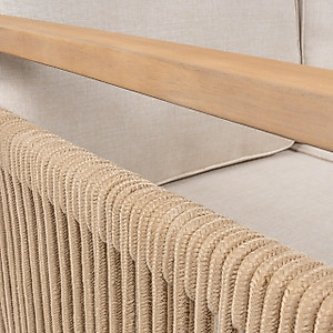 JONATHAN Y SFB1002A Gable 3-Seat Mid-Century Modern Roped Acacia Wood Outdoor Sofa with Cushions Scandinavian, Classic, Transitional, Industrial for Backyard, Patio, Porch, Beige/Light Teak