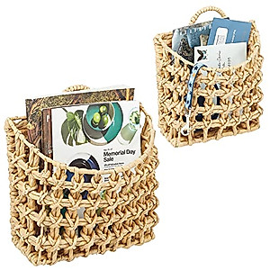 mDesign Woven Hyacinth Hanging Wall Mount Storage Organizer Basket - Rustic Hangable Mounted Market Baskets for Kitchen, Bathroom, Shelf - Holds Floral, Food, and Mail - Set of 2 - Natural/Tan
