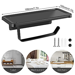 Ihvewuo formsiwod Black Toilet Roll Holder Aluminum Toilet Paper Holder with Phone Shelf Wall Mounted Toilet Roll Holder with Screws Anti-Rust Toilet Paper Holder for Bathroom Kitchen JK