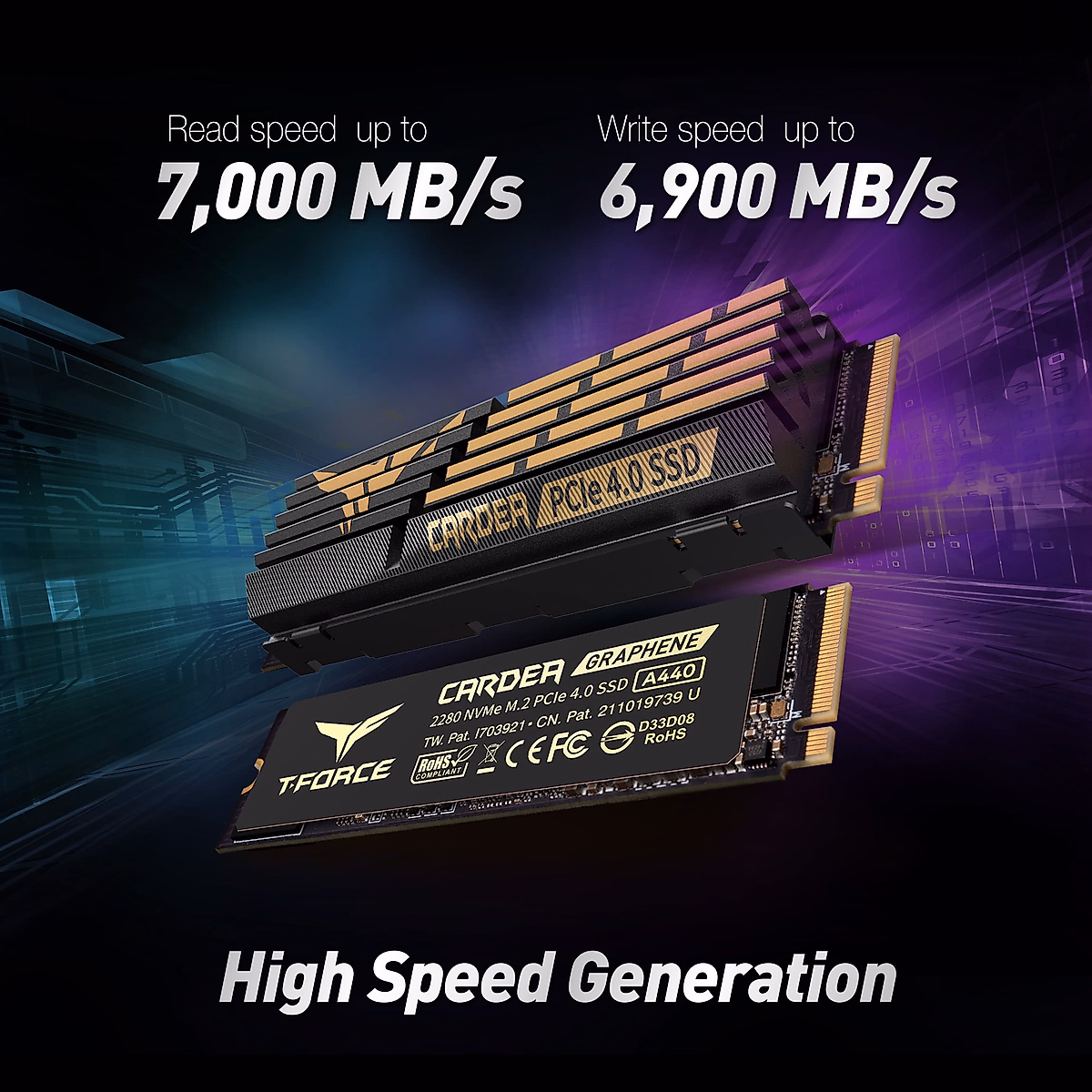 TEAMGROUP T-Force CARDEA A440 Graphene & Aluminum Heatsink 1TB with DRAM SLC Cache 3D NAND TLC NVMe PCIe Gen4 x4 M.2 2280 Gaming Internal SSD Read/Write 7,000/5,500 MB/s TM8FPZ001T0C327