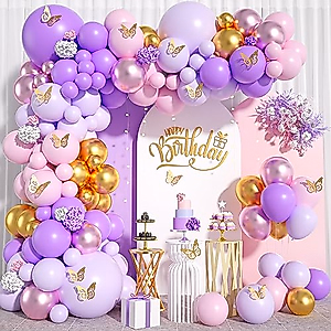 Purple and Pink Balloon Arch Kit, Pink Purple Gold Balloons Garland Kit with Butterfly Sticker for Purple Theme Birthday Party Bridal Wedding Decorations Baby Shower for Girl Women