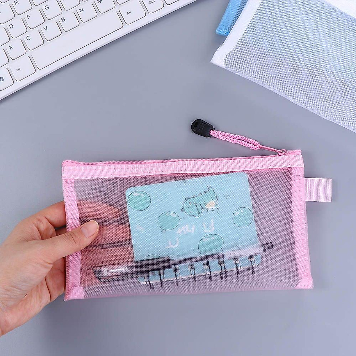 Mesh Zipper Pouch Zipper File Bags, Pencil Case Storage Bags, Transparent Coin Purse Document Bag,Colorful Cosmetic Makeup Pouch(White A4)