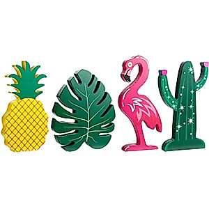Summer Wooden Signs Hawaii Luau Party Wooden Blocks Summer Home Decorations Tropical Cactus Flamingo Pineapple Monstera Wood Table Centerpiece for Summer Home Table Luau Party, 4 PCS