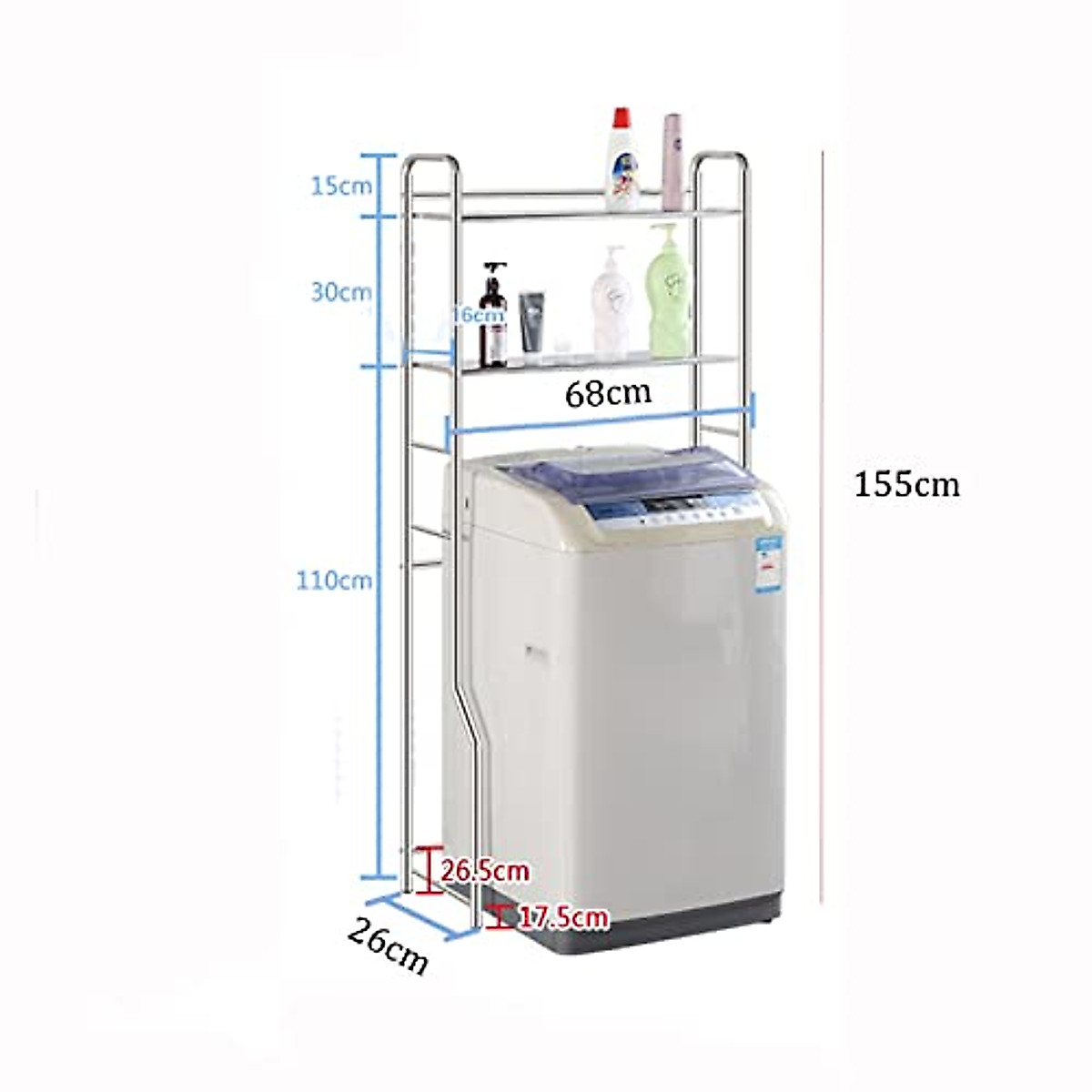 BKGDO Washer Storage Frames Floor Standing for Over Toilet,Multi-Purpose Multi-Layer Washinghine Shelf,Stainless Steel Washinghine Shelf,Round Tube Bathroom Rack Bathroom/155Cm