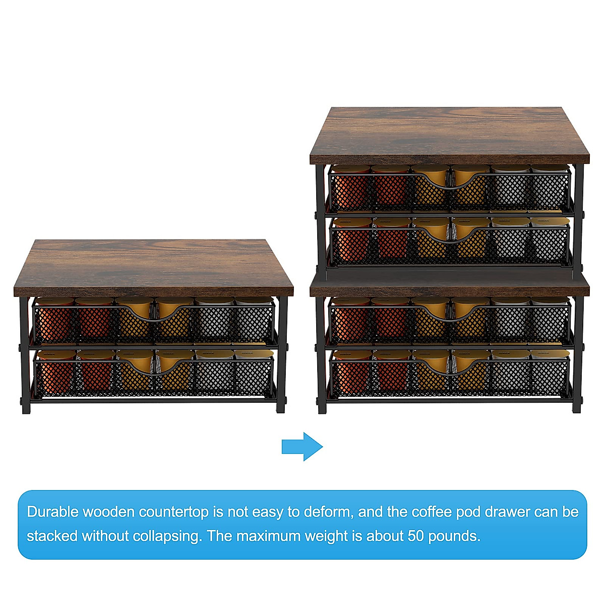 Coffee Pod Drawer Holder Capsule Storage Organizer 2 Tier Coffee Pods Holder With Sliding Baskets for 72 Capacity K Pod, Suit for Home Office Cafe Counter (Black)