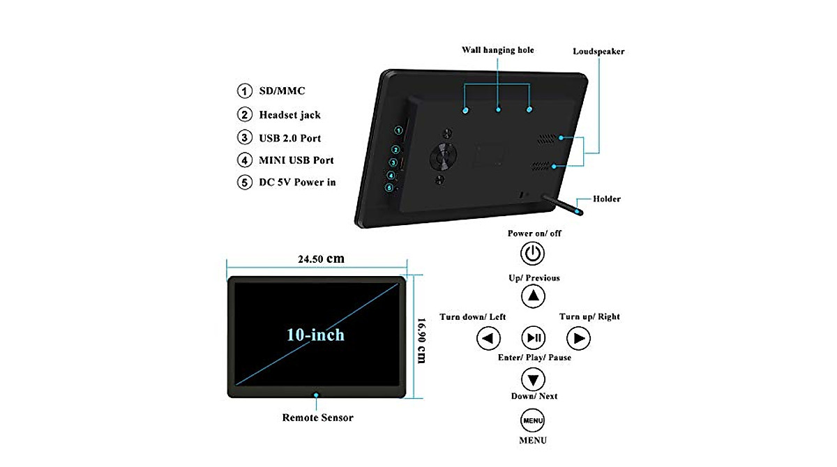 Atatat 10" IPS Digital Photo Frame - 1080P Video & Music