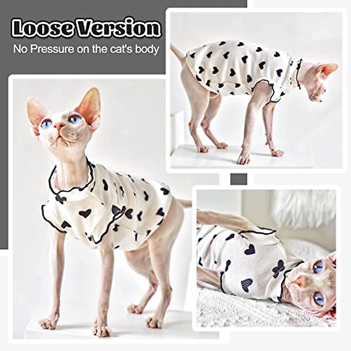 DENTRUN Heart Pattern Sphynx Hairless Cats Shirt, Kitten T-Shirts with Perlin Sleeves, Breathable Cat Wear Cute Sweater Adorable Hairless Cat's Clothes Vest Pajamas Jumpsuit