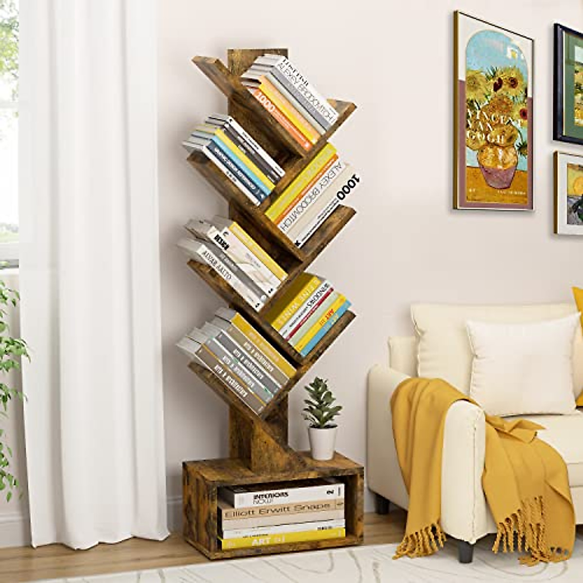 Hoctieon 6 Tier Tree Bookshelf, 6 Shelf Bookcase with Drawer, Modern Book Storage, Free Standing Tree Bookcase, Utility Organizer Shelves for Home Office, Living Room, Bedroom, Rustic Brown