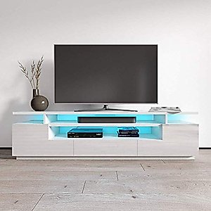 MEBLE FURNITURE & RUGS Eva 77" Modern High Gloss TV Stand with 16 Color LEDs (White)