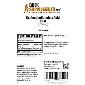 BULKSUPPLEMENTS.COM CLA Softgels (Conjugated Linoleic Acid) - CLA Supplements for Energy, 1000mg of CLA from Safflower Oil - 1 Softgel per Serving - 100-Day Supply (100 Softgels)