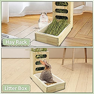 Hamiledyi Rabbit Hay Feeder with Litter Box Wooden Food Feeding Manger Bunny Hay Dispenser Small Animals Grass Holder for Hamsters Guinea Pig Bunny Chinchilla