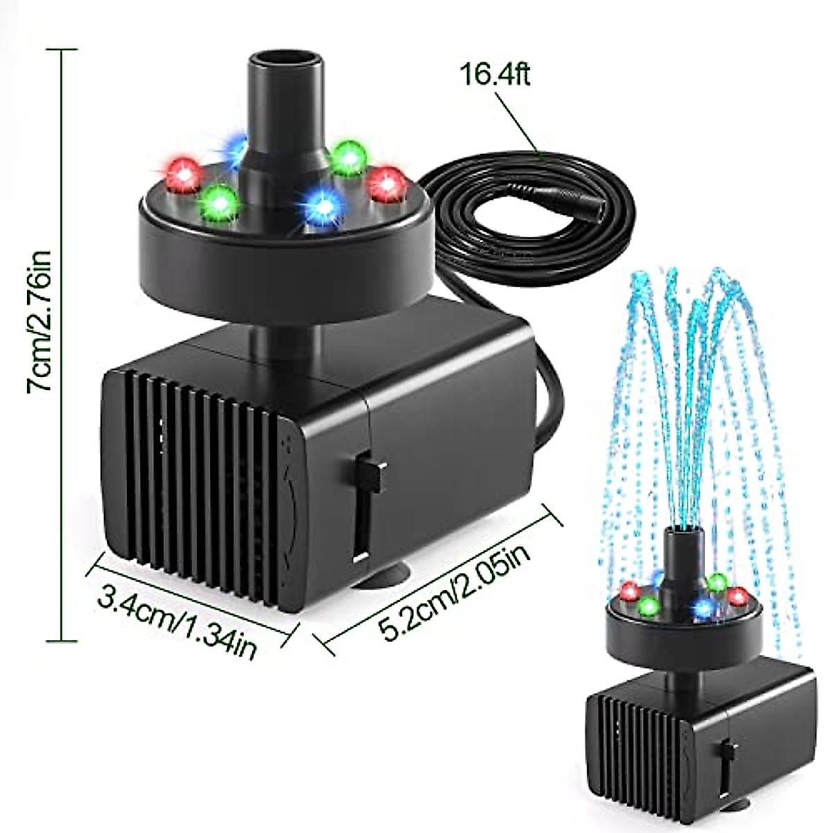 24-Hours Working Bird Bath Fountains Electric, Jutai Adjustable Quiet Water Fountain Pump with LED Lights for Garden,Small Fish Tank,Water Features - 7 Nozzles,16.4Ft Power Cord and Adapter Included