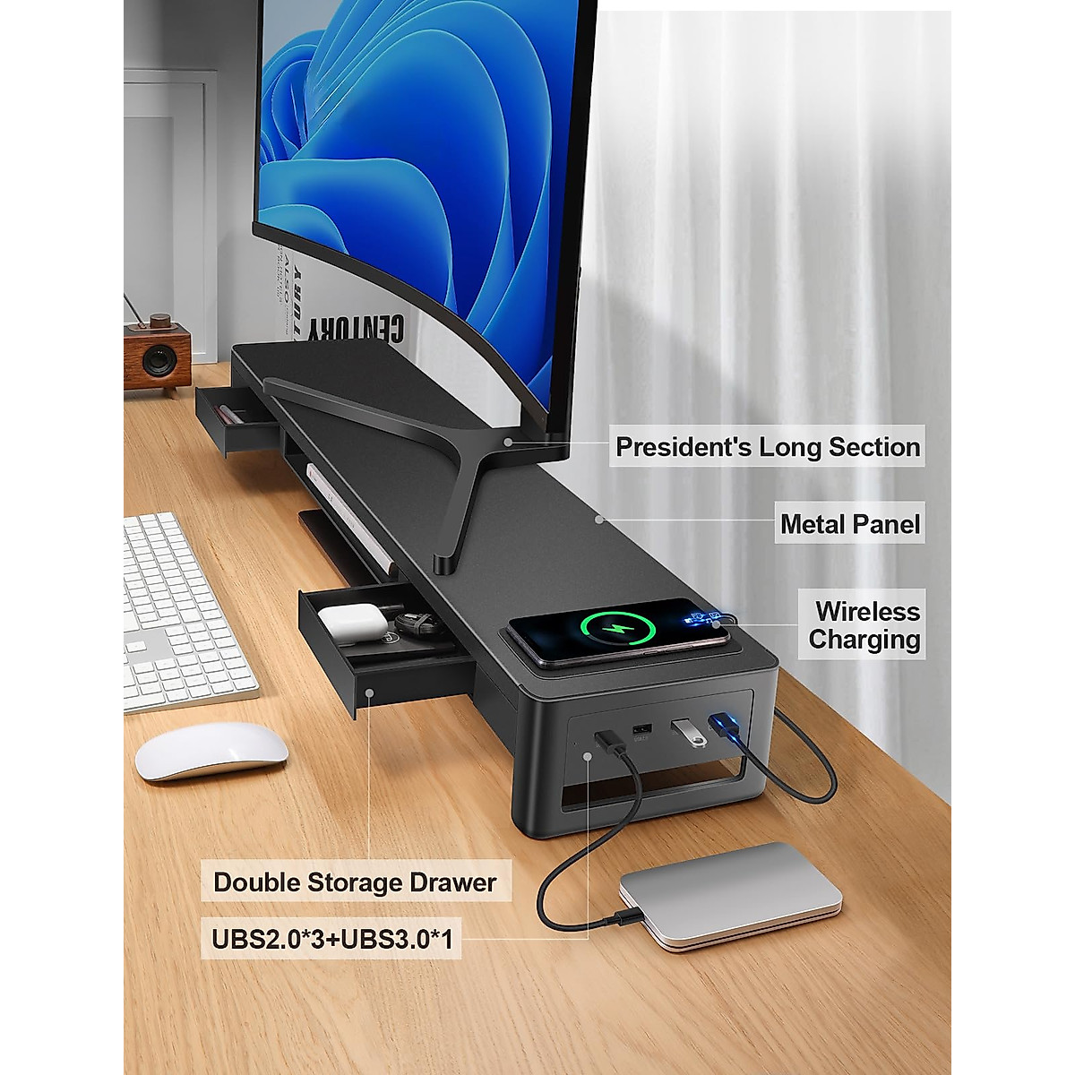 meatanty Dual Monitor Stand Riser with 2 Drawers,4 USB Ports and Charging Pad,Metal Monitor Stand for 2 Monitors Supports Transfer Data and Charging,Desk Organizer for PC,iMac(38.7 inches)