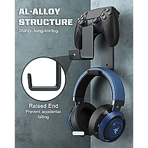 MoKo Controller Holder, Dual Gamepad Controller & Headphone Hanger for Xbox One, Xbox 360, PS3, PS4, PS5, PC, STEAM, Switch丨Wall Mount Stand for All Universal Headsets, Black