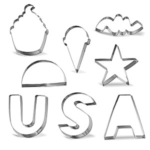 Keewah 4th of July Cookie Cutter Set - 8 Piece - USA, Bunting, Cupcake, Ice Cream, Firework Ribbon, Star - Stainless Steel