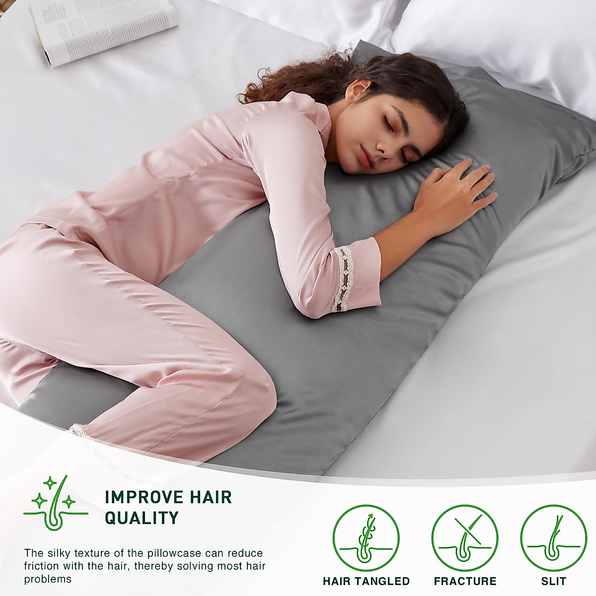 Love's cabin Body Pillow Cover, 20x54 inches Dark Grey Soft Satin Body Pillow case with Envelope Closure, Silky Slip Cooling Body Pillow Pillowcases for hair and Skin