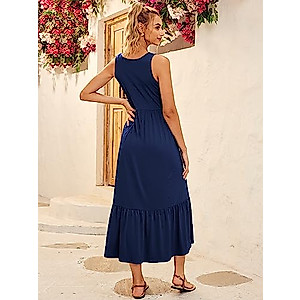 LILLUSORY Women's Summer Sleeveless V Neck Flowy Swing Dresses Casual Tiered Long Maxi Dress with Pockets Navy Blue