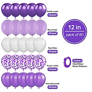 Purple Balloons Set, 60PCS Purple White Birthday Balloons, Metallic Purple Confetti Balloons Pearl Purple Latex Balloons Helium Wedding Party Balloons for Birthday Bridal Shower Baby Shower Supplies