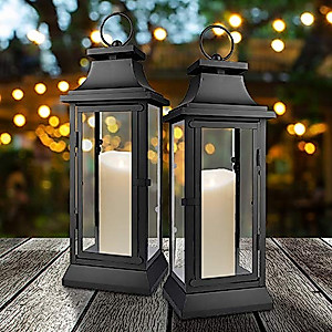 Serene Spaces Living Black Hurricane Lanterns with Clear Glass Panels, Perfect for Home Decor, Parties & Events, Table Top Or Hanging Lantern for Indoor & Outdoor, Measures 15" Tall and 5" Diameter