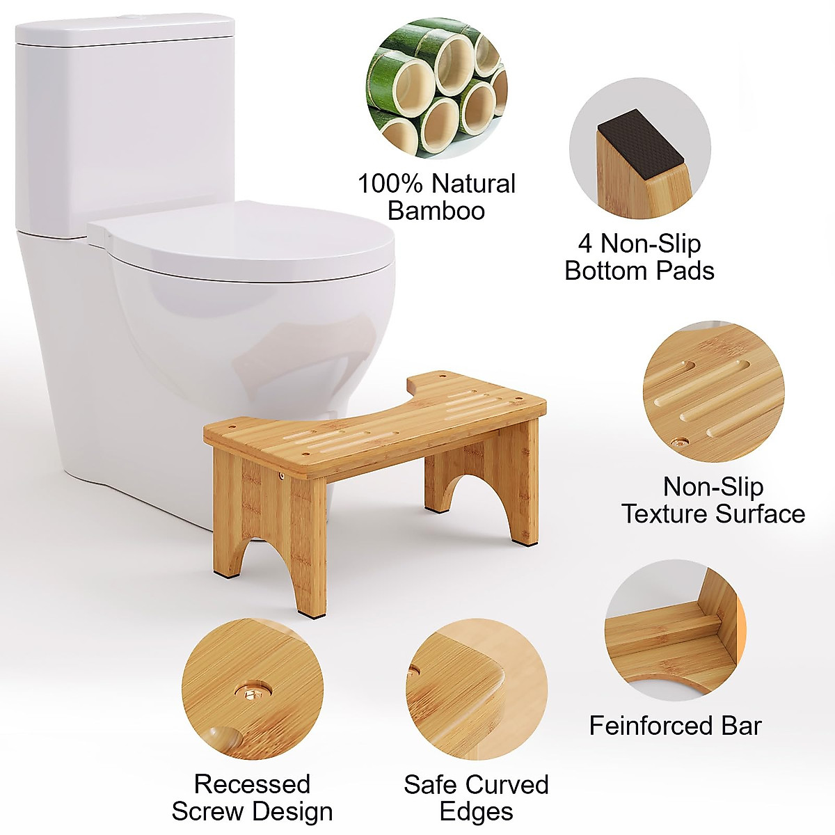 Uaniar Bamboo Toilet Stool, Wooden Squatting Potty Stool for Adults, 7 Inch Toilet Stool Squat Adult, Non-Slip Wood Poop Stool for Bathroom, Portable Toilet Foot Pooping Stool, Poop Stool for Kids
