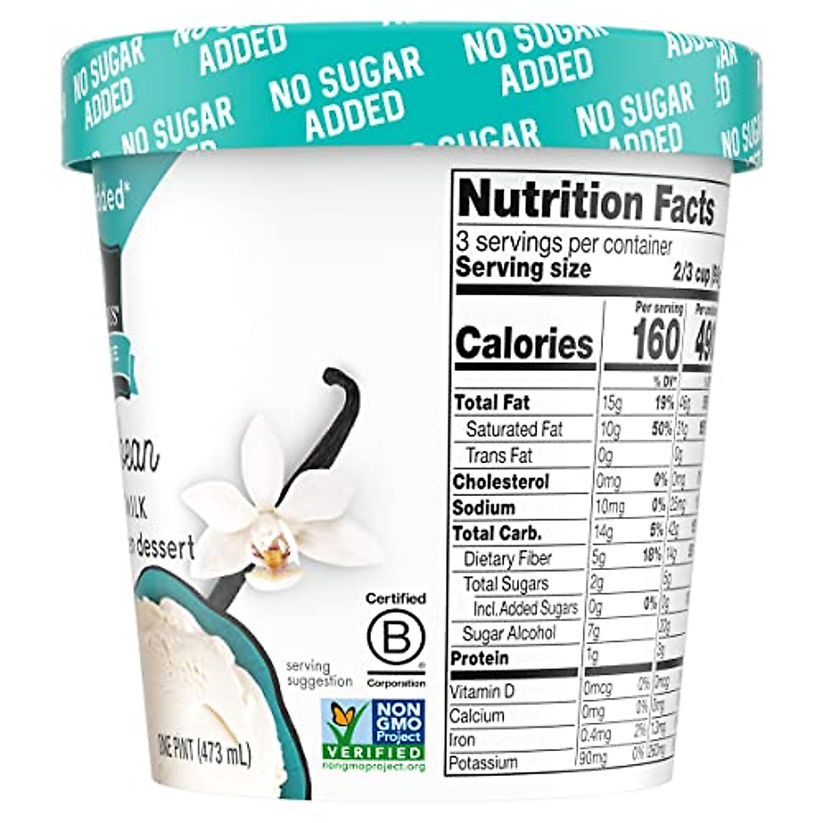 So Delicious Dairy Free Coconut Milk Frozen Dessert, Vanilla Bean, No Sugar Added, Vegan, Non-GMO Project Verified, 1 Pint