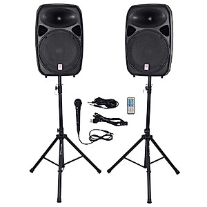 Rockville RPG152K 15" Powered Speakers w/Bluetooth+Dual UHF Wireless Mics+Stands
