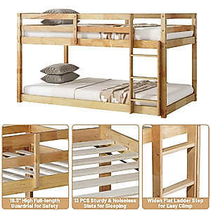 LUKEEHOM Bunk Bed Twin Over Twin, Wood Low Profile Floor Twin Bunk Beds with Ladder Guardrails for Kids Boys and Girls, No Box Spring Needed