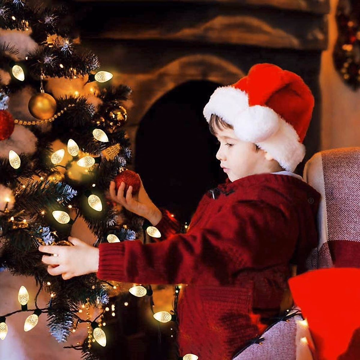 Hopolon C9 Christmas String Lights, 8Modes 50 LED 33ft Outdoor Decoration Lights with 30V Safe Adaptor, Extendable Green Wire String Lights for Patio Xmas Tree Wedding Party Decoration, Warm White