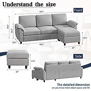 Meilocar Sofa Couch, 79" Sectional Convertible L Shaped Couch with Reversible Ottoman, 3-Seat Sofa Sectional with Removable Armrest for Living Room, Apartment, Small Space, Light Grey