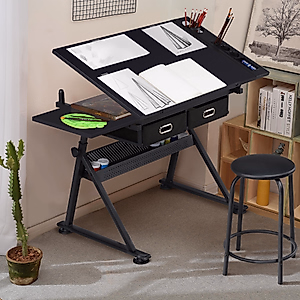 Yaheetech Drafting Table for Artists, Height Adjustable Drawing Desk Art/Craft Desk Diamond Paintings Work Station w/ 2 Storage Drawers and Stool for Home Office School, Black