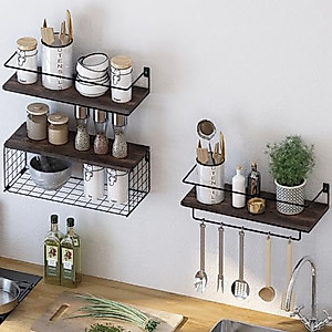 upsimples Bathroom Shelves with Storage Basket, Wall Shelves Over Toilet with Towel Bar and Paper Holder, Farmhouse Wood Floating Shelf for Bedroom, Living Room, Kitchen, Office, Dark Brown Set of 3