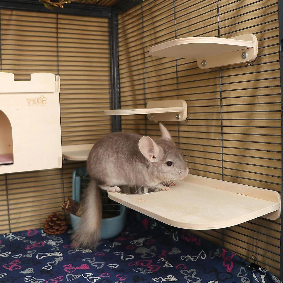 Chinchilla Wooden Platform Set, Chinchilla Cage Platform with Feeding Bowl, Small Animals Cage Accessories for Chinchilla Squirrel Gerbil Suger Glider Hamsters (Feeding Platform + Small Platform)