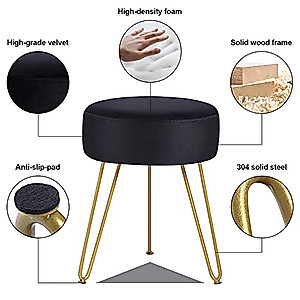 GERANT Multifunctional Vanity Stools - Velvet Round Ottoman Modern Dressing Stool -Upholstered Footrest Stool - Side Table Footstool  with Golden Metal Leg for Living Room, Bedroom (Black)