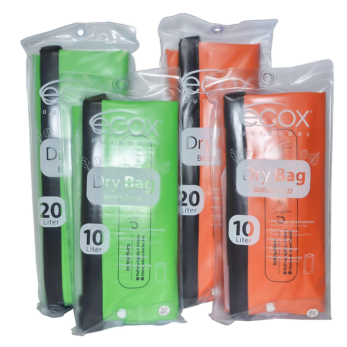 ecox Outdoors Waterproof Dry Bag for Outdoors Activities High Grade 500D PVC Construction Includes Waterproof Phone Case and Side Strap for Easy Carry 20L Orange DB20LOR